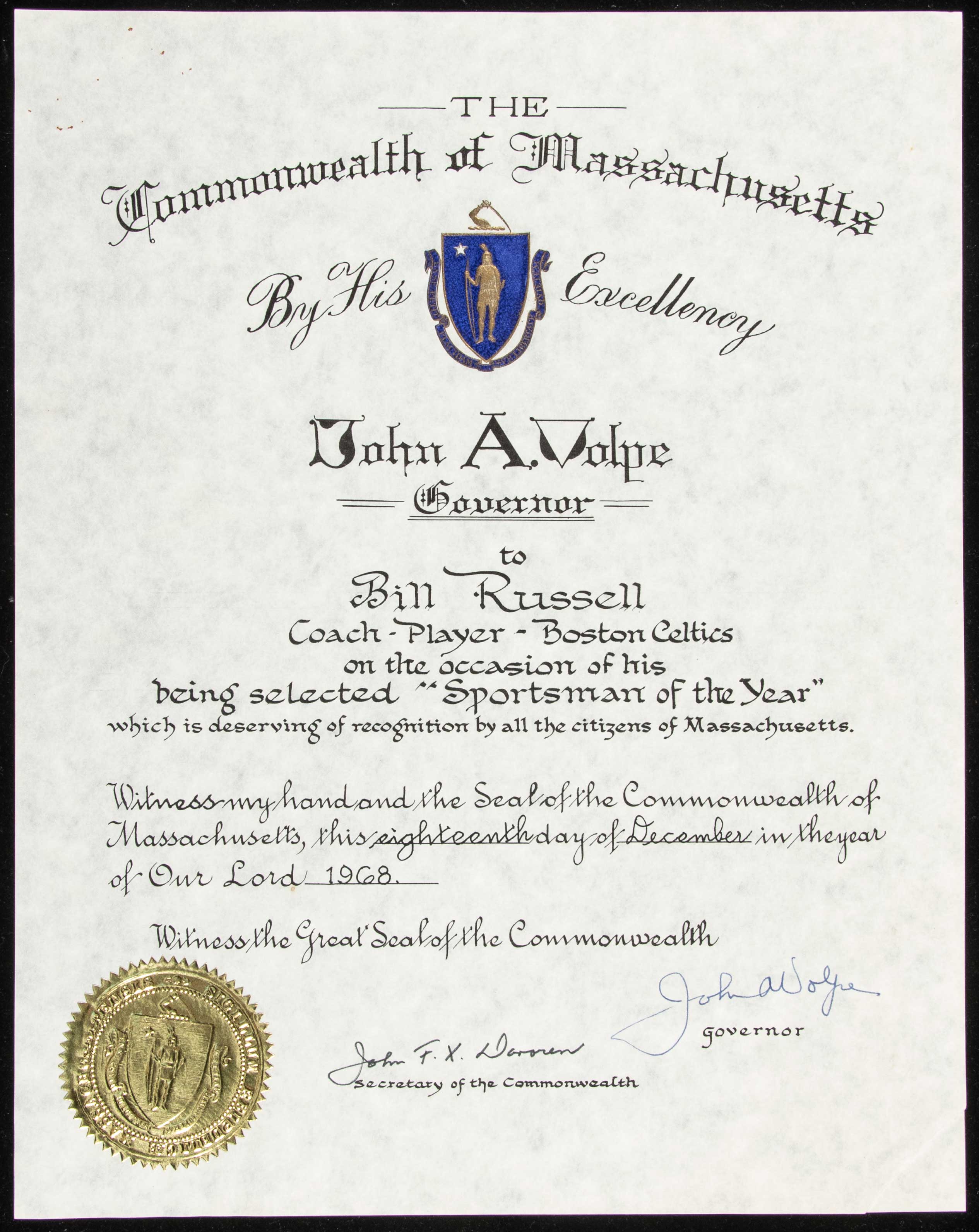 1968 Bill Russell Commonwealth of Massachusetts certificate of ...
