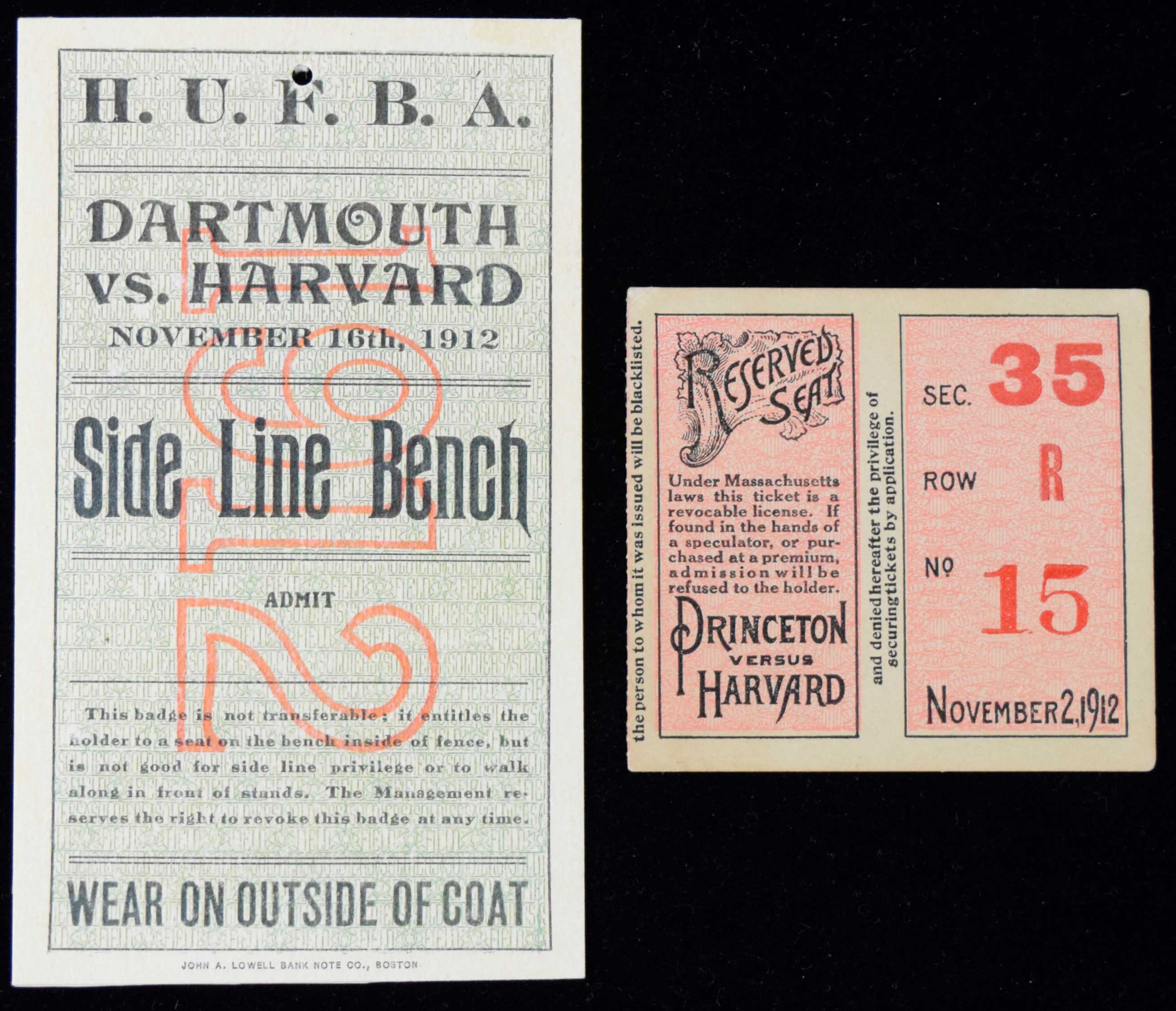 Rare 1912 Harvard football ticket and bench pass (EX)... | Barnebys
