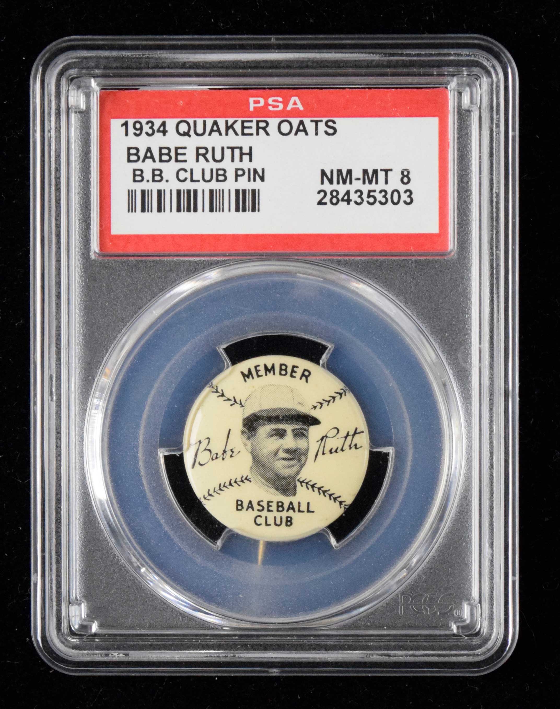 1934 Quaker Oats "Babe Ruth Baseball Club" member pin graded PSA 8 (NM ...
